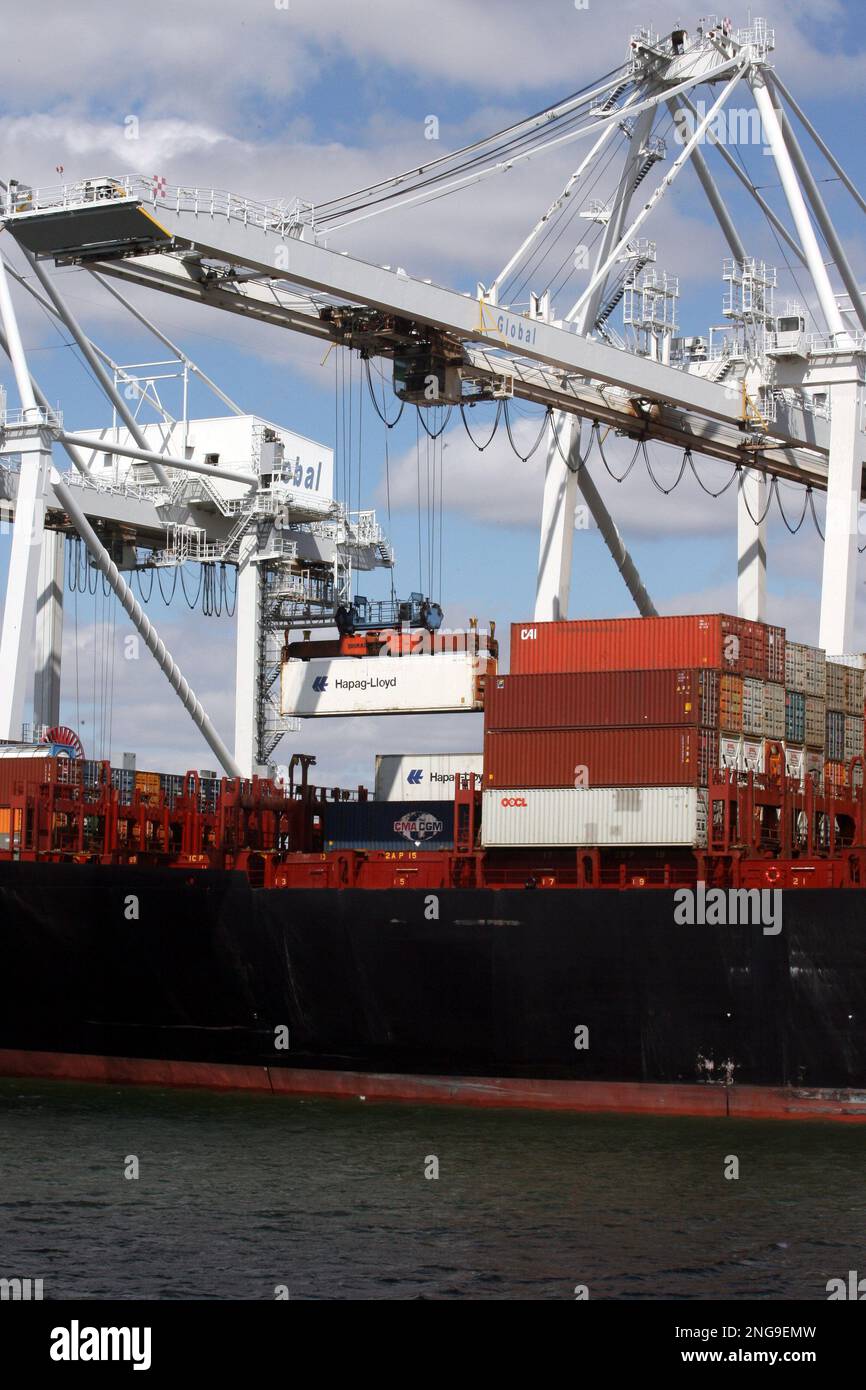 A container ship is loaded on a dock in Bayonne, N.J., Wednesday, March ...