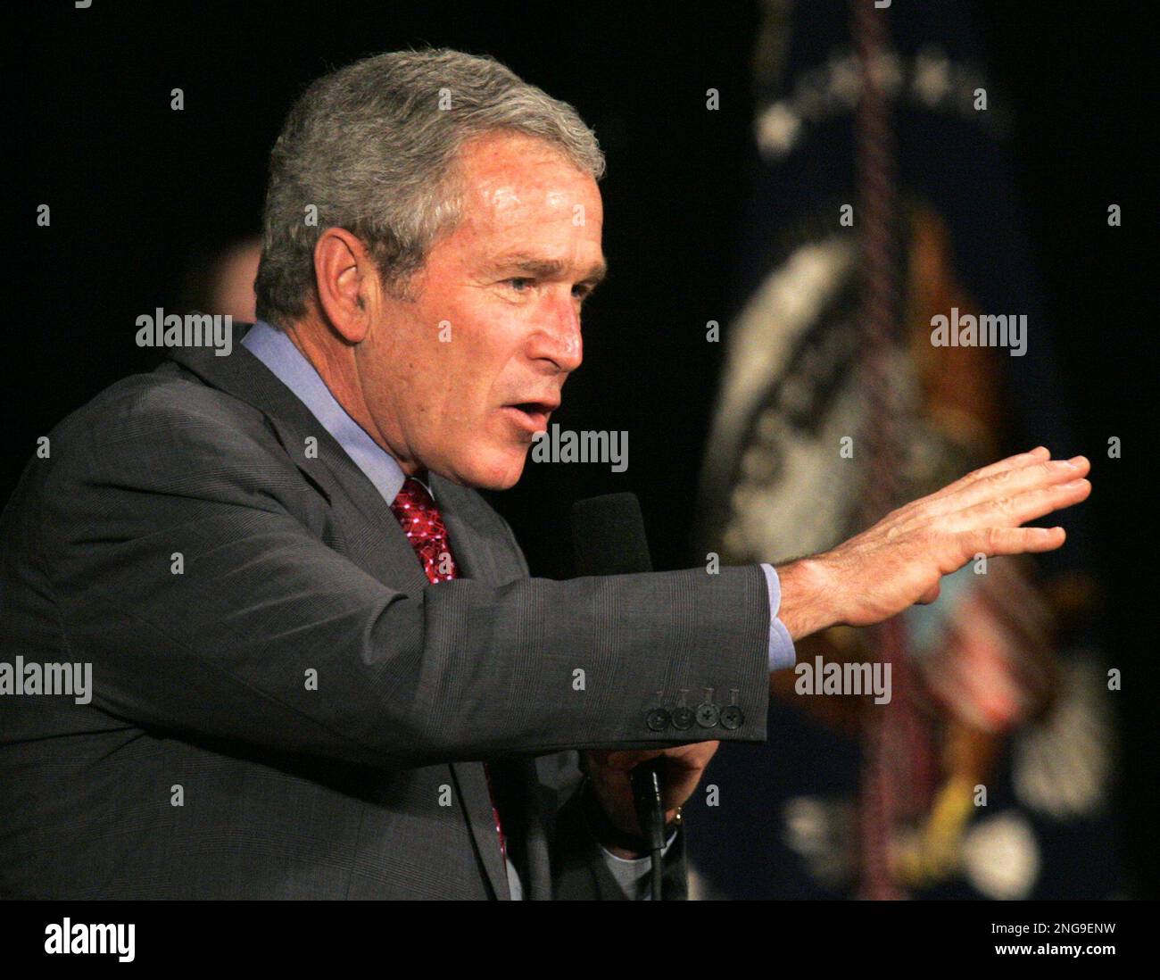 President George Bush gestures during a visit to the Capitol Music Hall ...