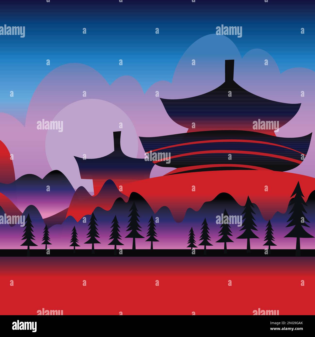 A vector illustration of minimal asian temples with mountains and trees ...
