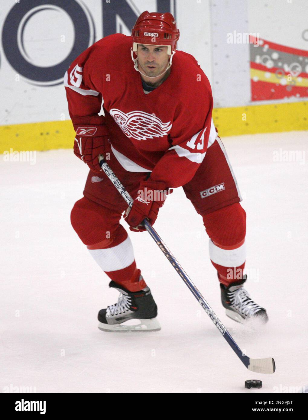 Detroit Red Wings defenseman Jason Woolley controls the puck agains the ...