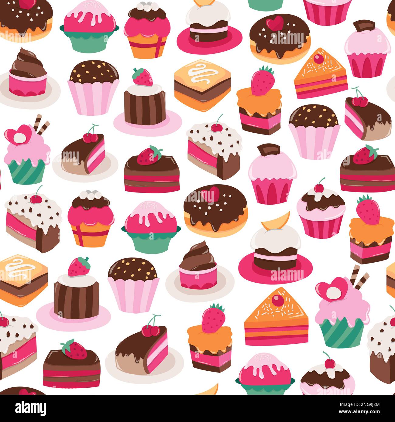 A cartoon vector illustration of sweet small cakes and cupcakes seamless pattern background ...