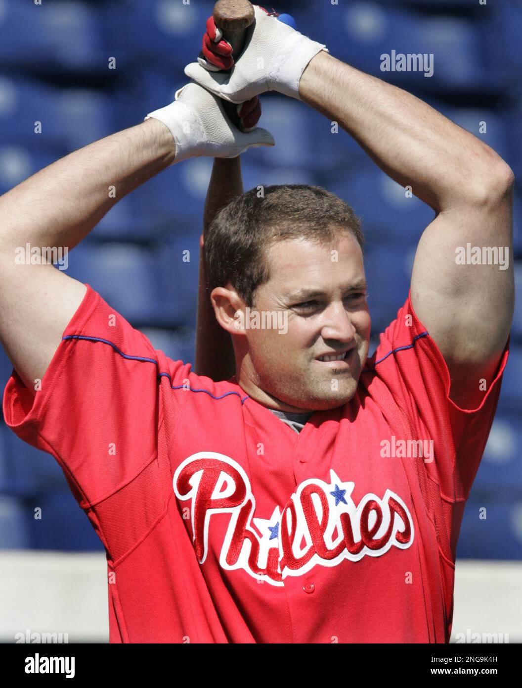 Philadelphia Phillies outfielder Pat Burrell stretches at the teams ...