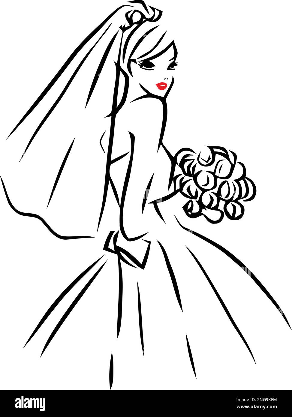 This image is a vector illustration of a line art style beautiful bride ...