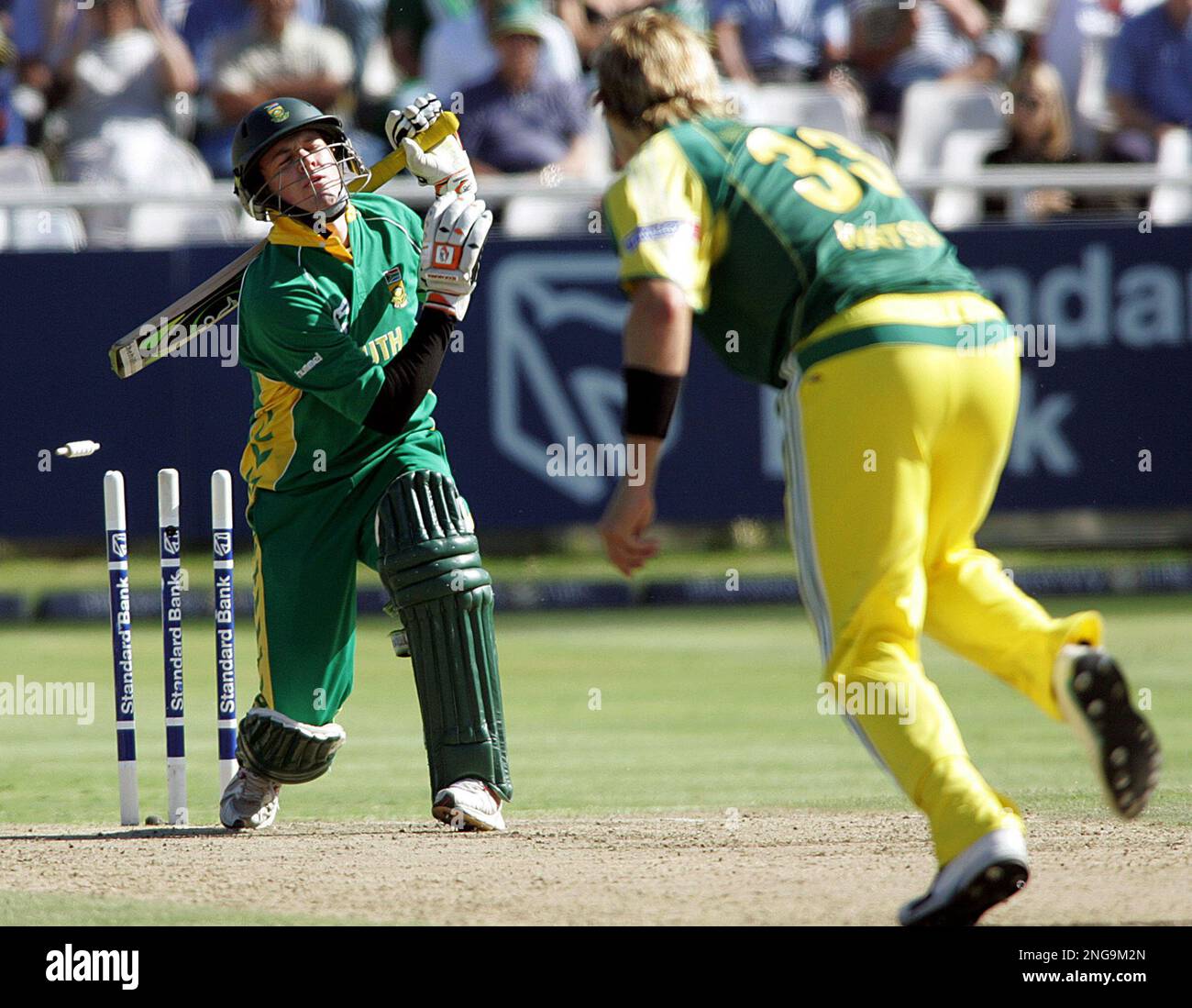 South African batsman Boeta Dippenaar, left, is dismissed for 31 runs ...