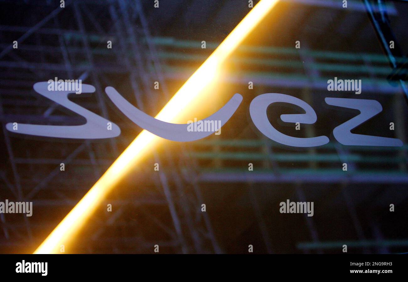 The logo of Suez SA is seen at the Suez headquarters in Paris Monday ...