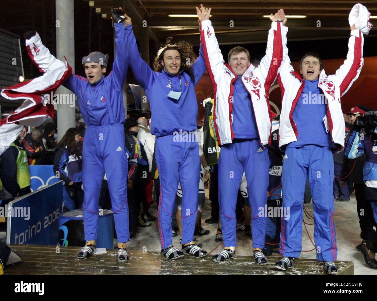 Russia's, from left, Filipp Egorov, Alexey Voevoda, pilot Alexandre Zoubkov and Alexej ...
