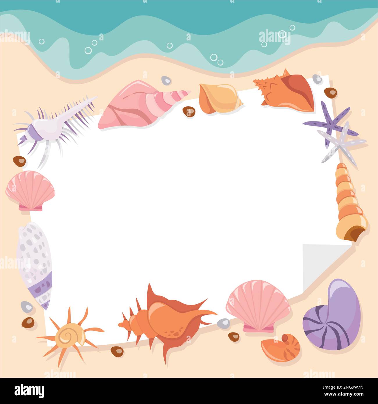 A cartoon vector illustration of seashells and paper on beach ...