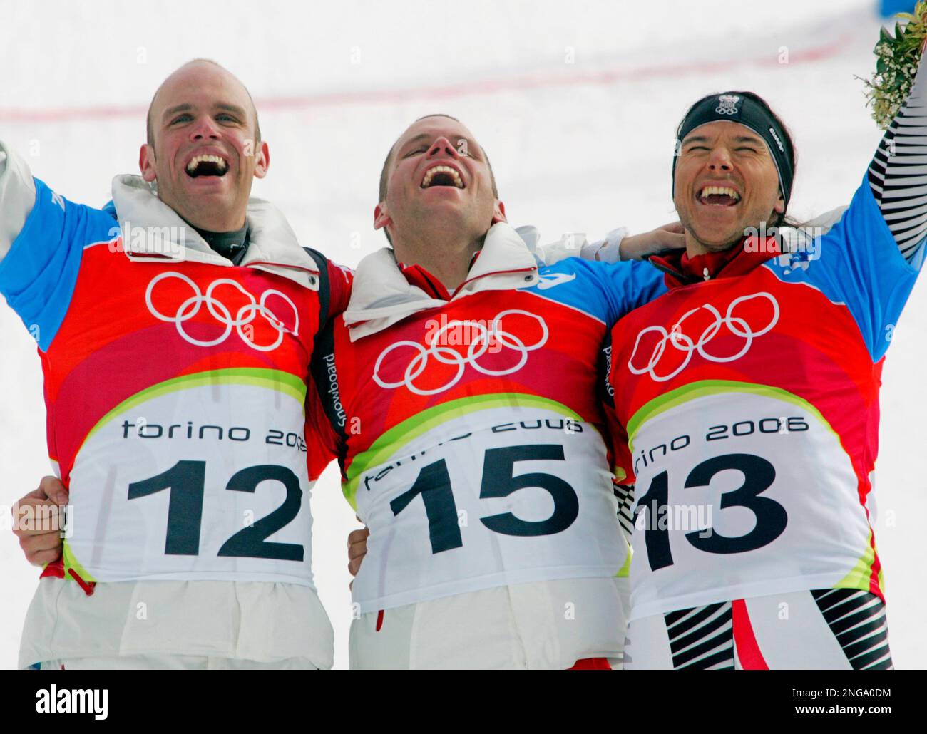 Gold medalists Philipp Schoch of Switzerland (15) celebrates with his ...