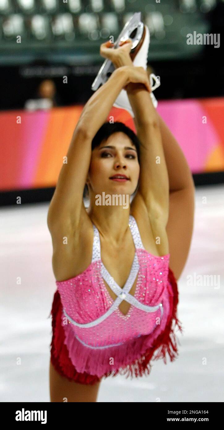 Finland's Susanna Poykio performs a Biellmann during the Women's Short Program in Figure Skating ...
