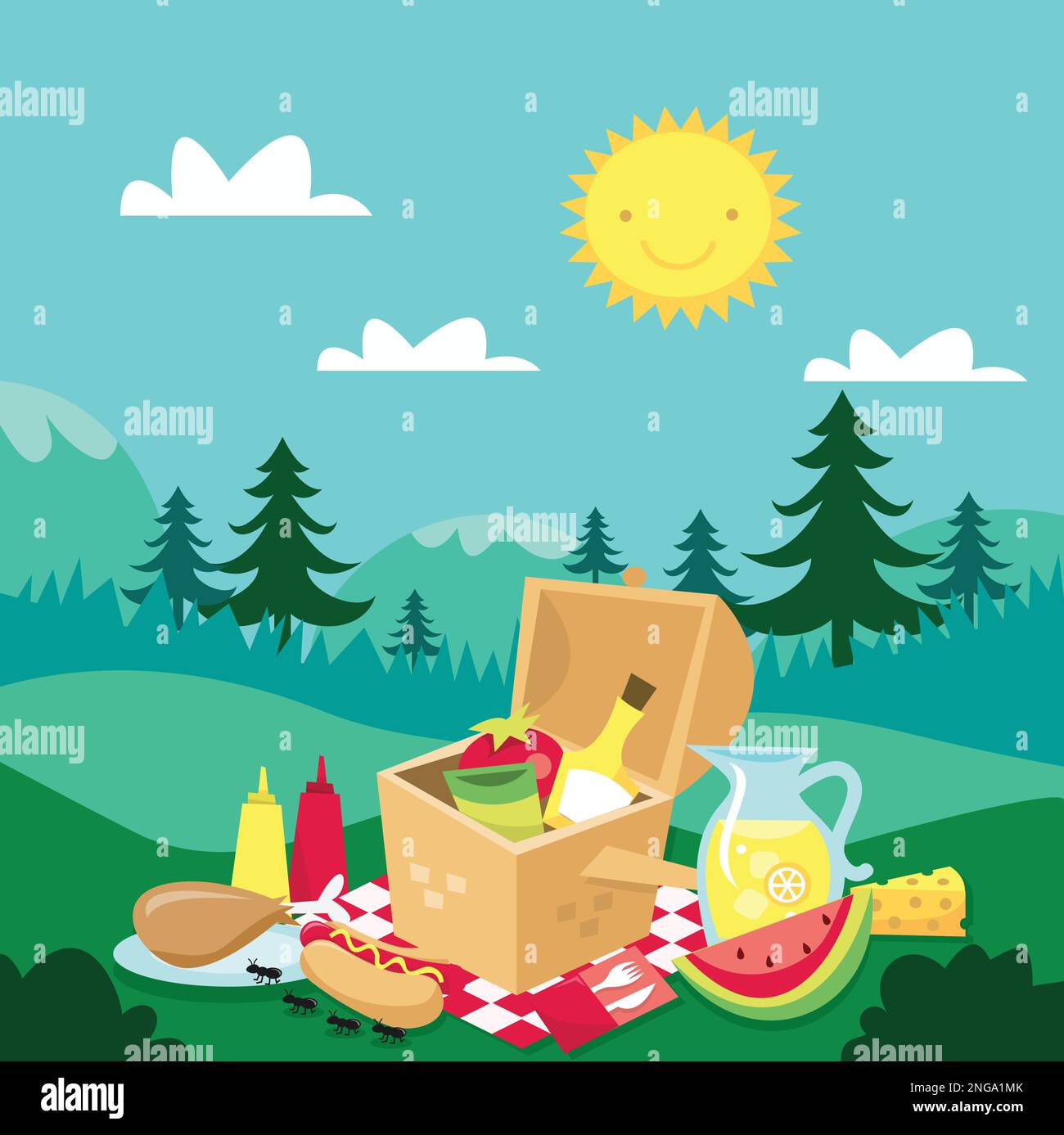 A cartoon vector illustration of cute picnic outdoor in the wilderness ...