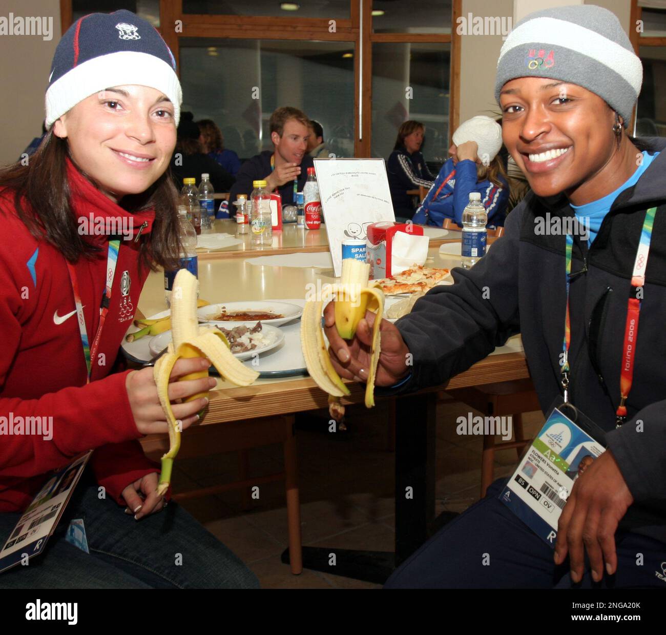 American bobsledders Jean Prahm, left, and Vonetta Flowers dine at the ...