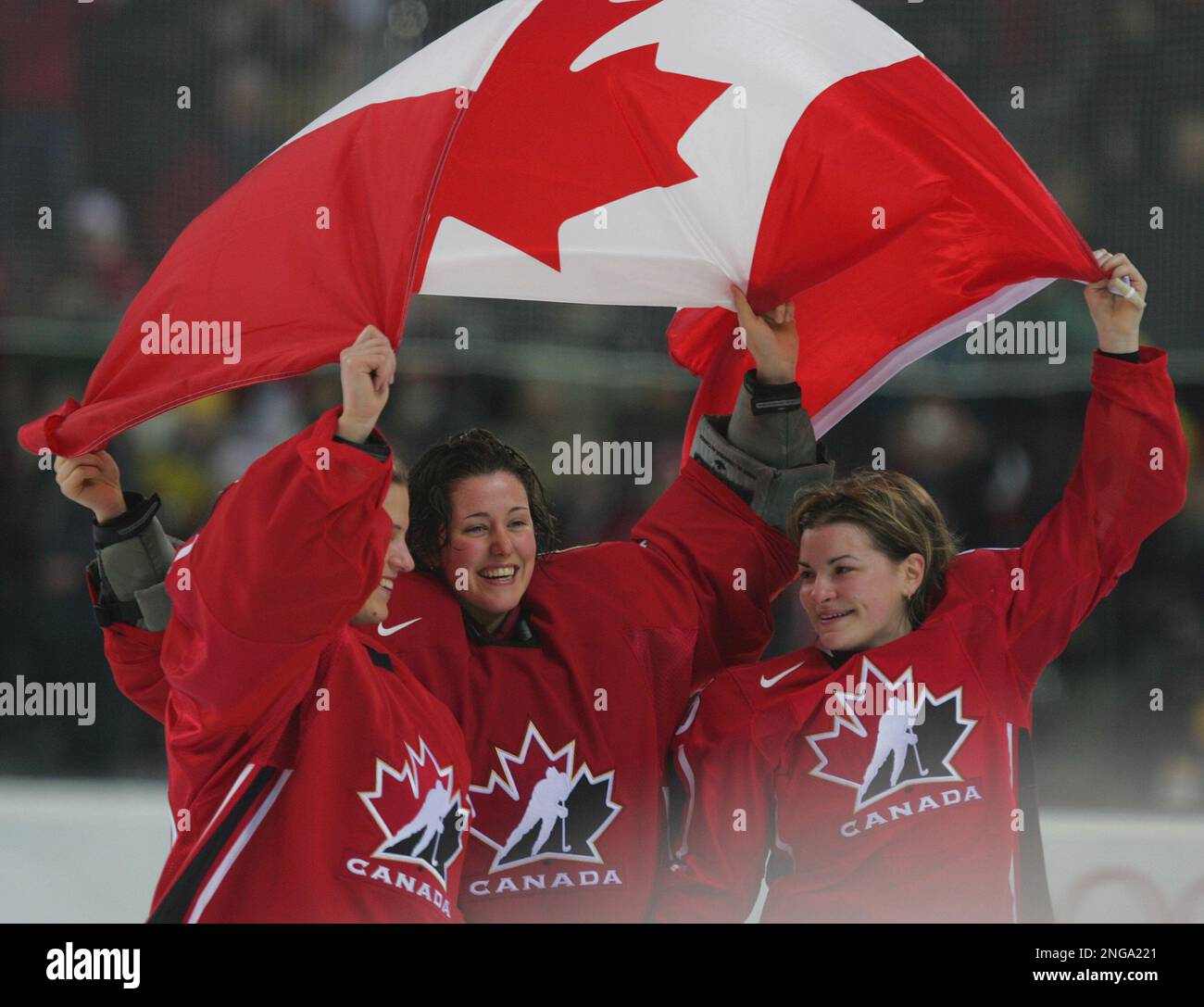 Team Canada goaltender Charline Labonte, center, and teammates, skate ...