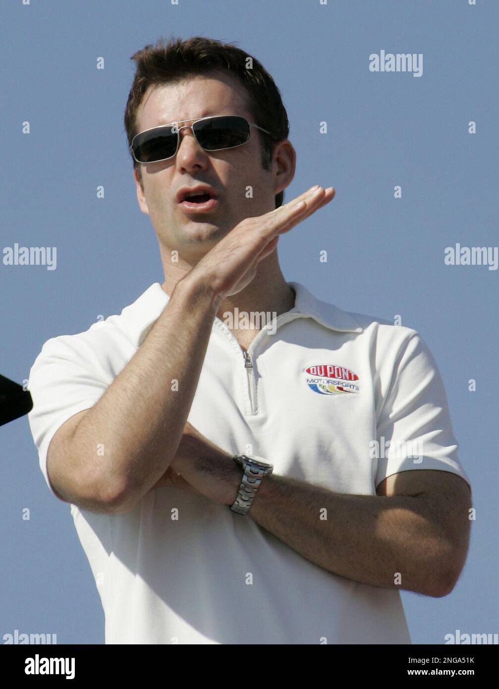 NASCAR driver and car owner Jeff Gordon watches the action on the track ...