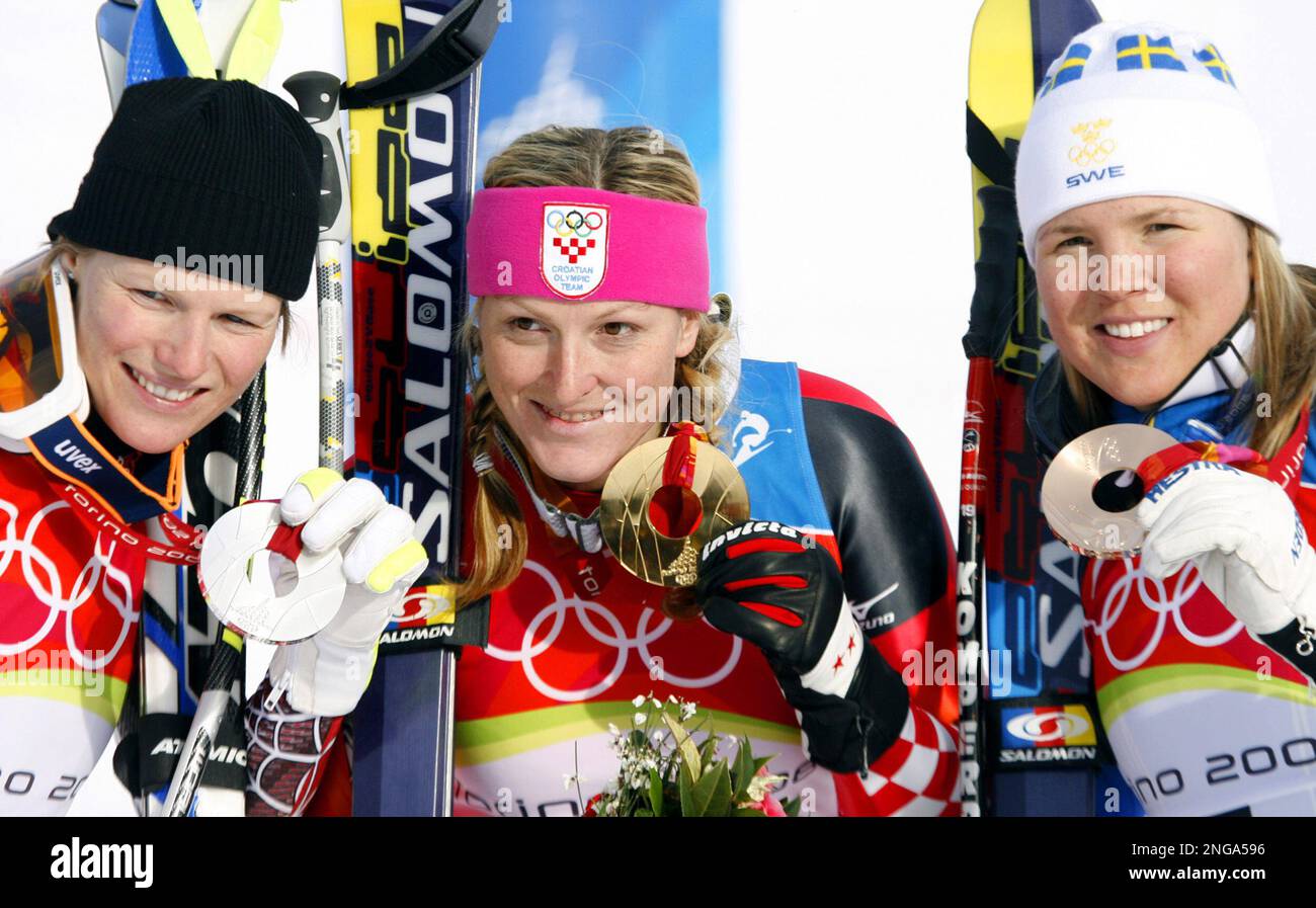 Janica Kostelic of Croatia, center, winner of the Women's Combined ...