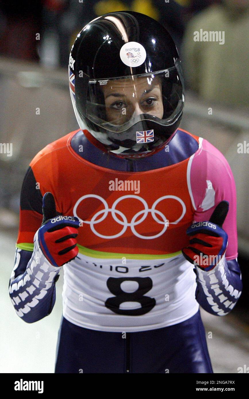 British silver medalist Shelley Rudman lifts her thumbs after crossing ...