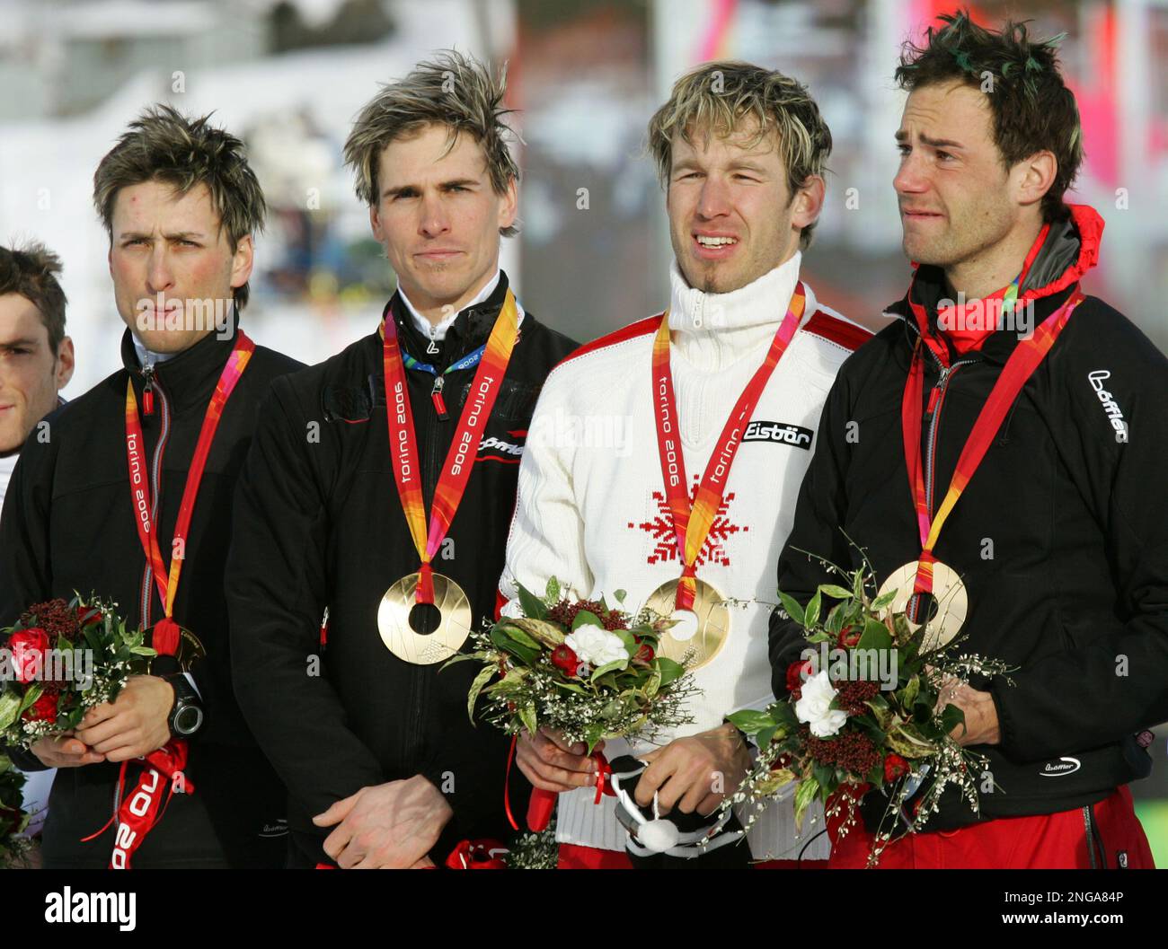 From left, Austria's Mario Stecher, Felix Gottwald, Christoph Bieler ...