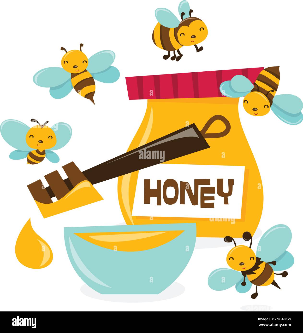 A cartoon vector illustration of a bunch of cute honey bees swarming ...