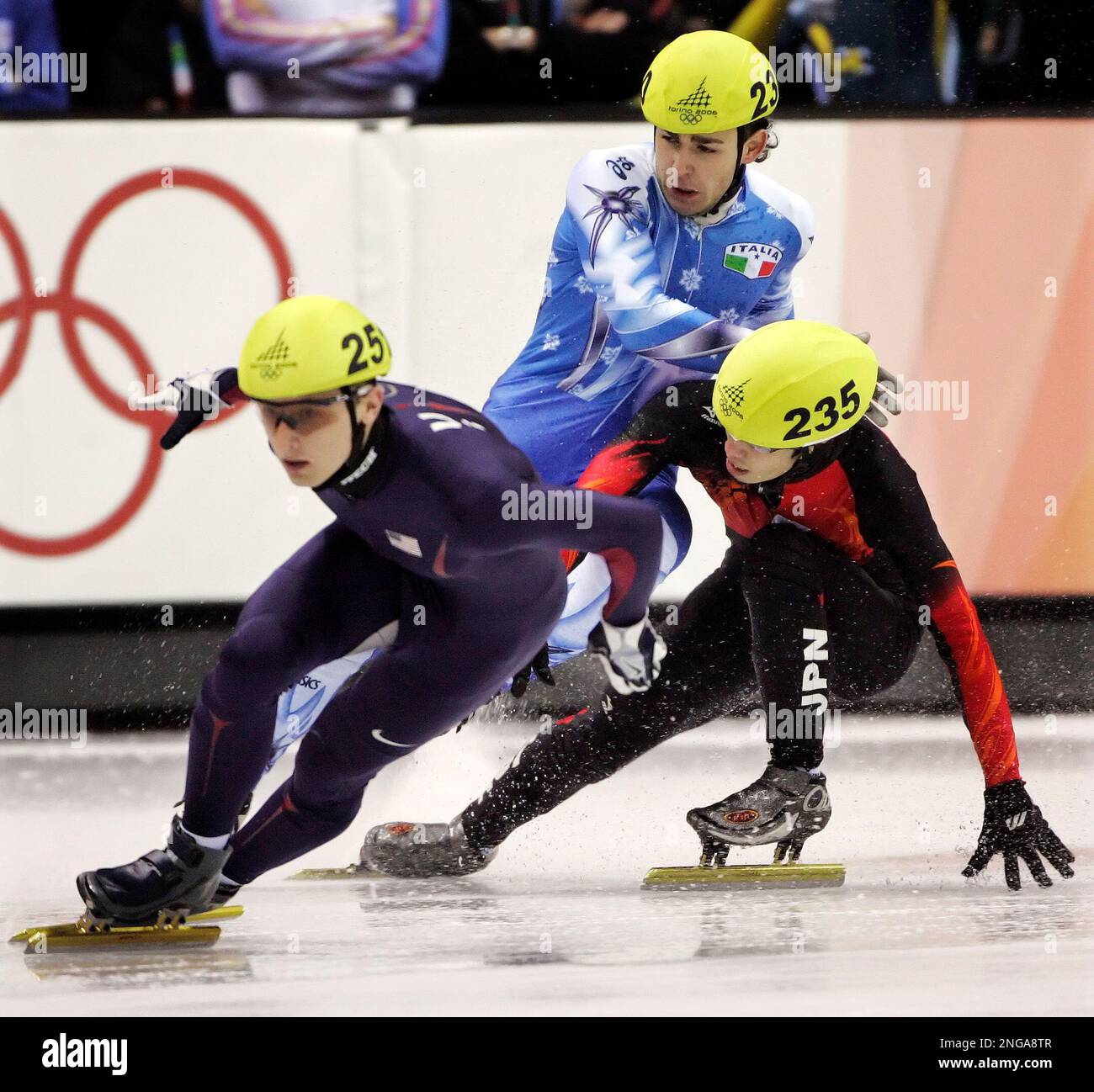Japan's Takahiro Fujimoto (235) collides with Italy's Yuri Confortola ...
