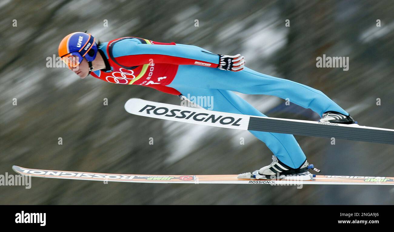 Bill Demong of the United States jumps from the Large Hill, during the ...