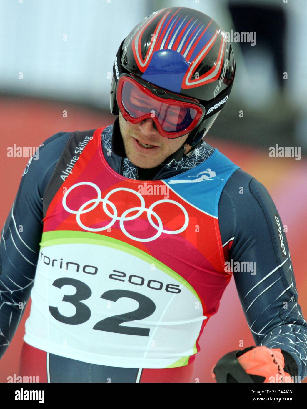 Bode Miller of the United States reacts after completing the first run ...