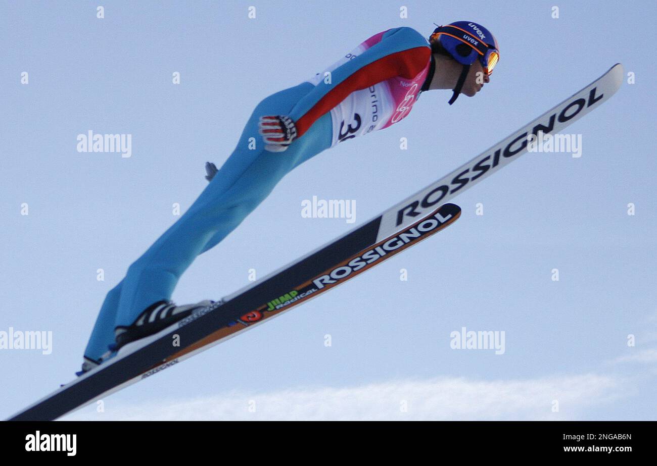 Bill Demong of the United States jumps from the Large Hill during ...