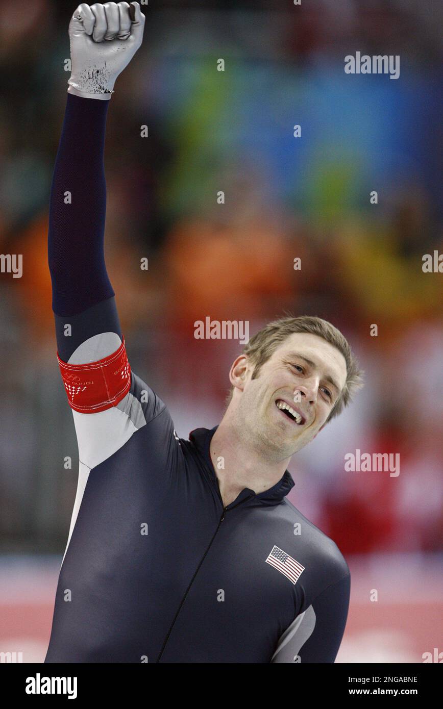 USA's Joey Cheek celebrates his Olympic gold medal victory following ...