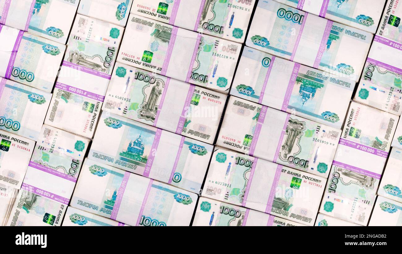 Bank of Russia money tickets are 1000 rubles background. the view from ...