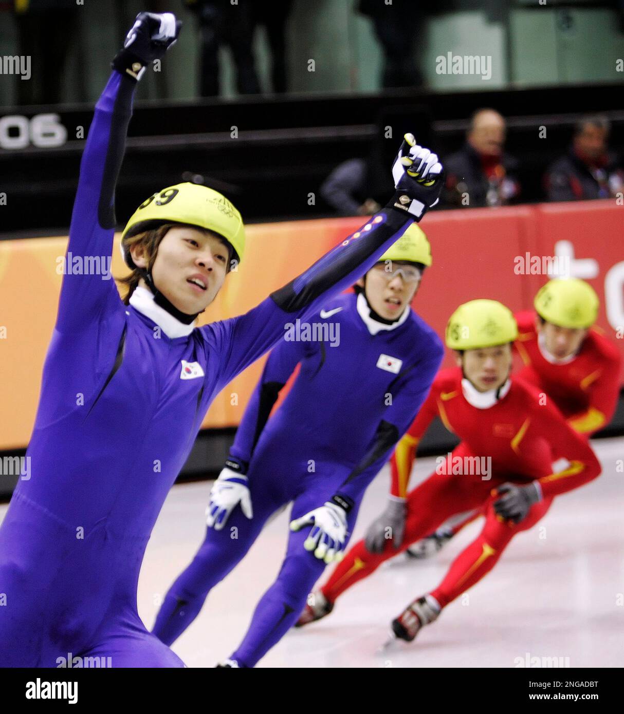Korea's Ahn Hyun-Soo, left, celebrates his gold medal victory in the ...