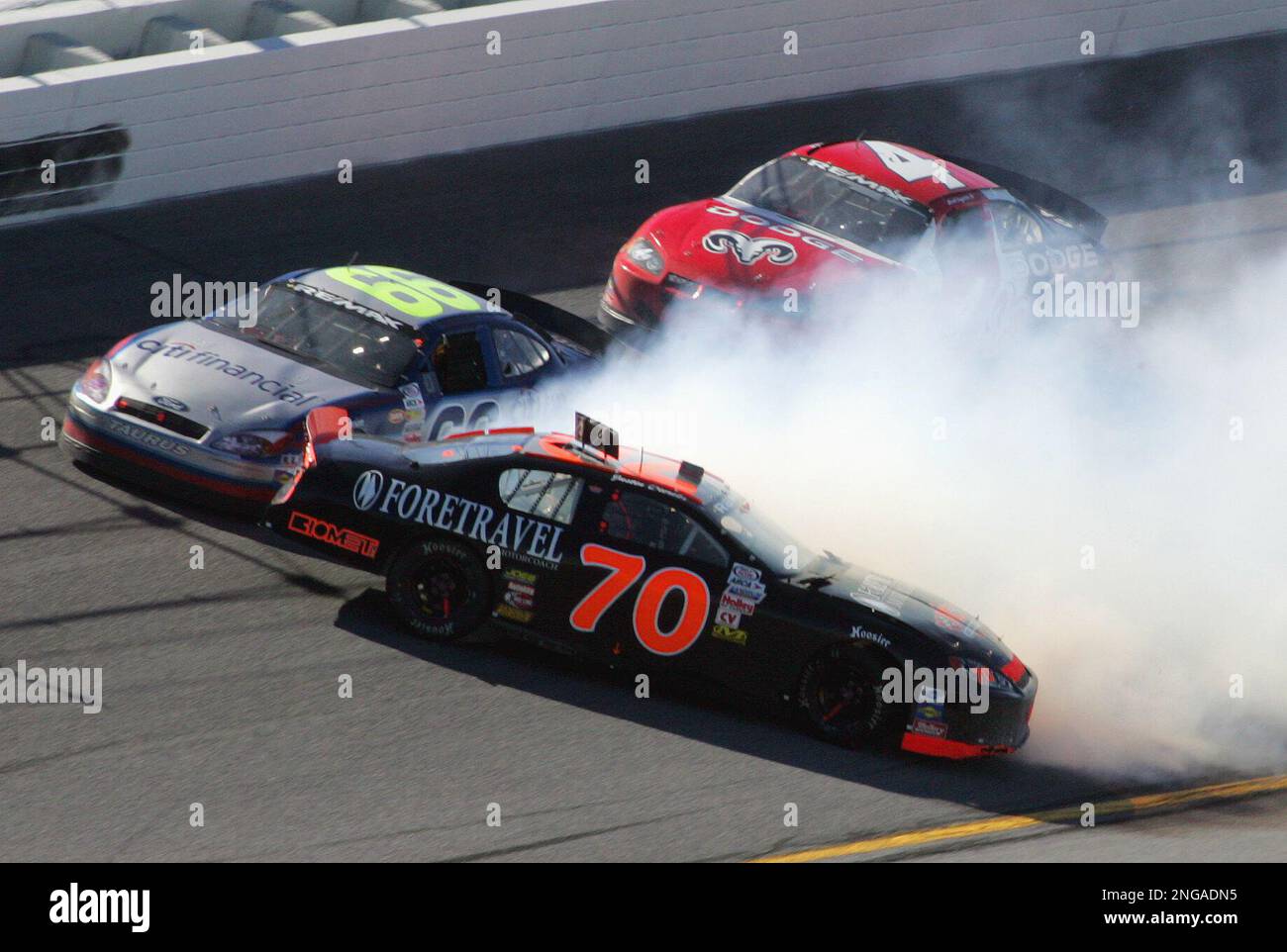 Justin Diercks (70) in his Foretravel Motorcoach Chevrolet spins out on ...