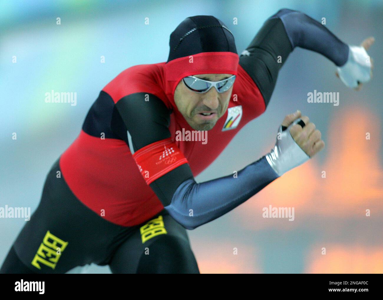 Belgium's Bart Veldkamp races during the Winter Olympics men's 5,000 meter speedskating ...