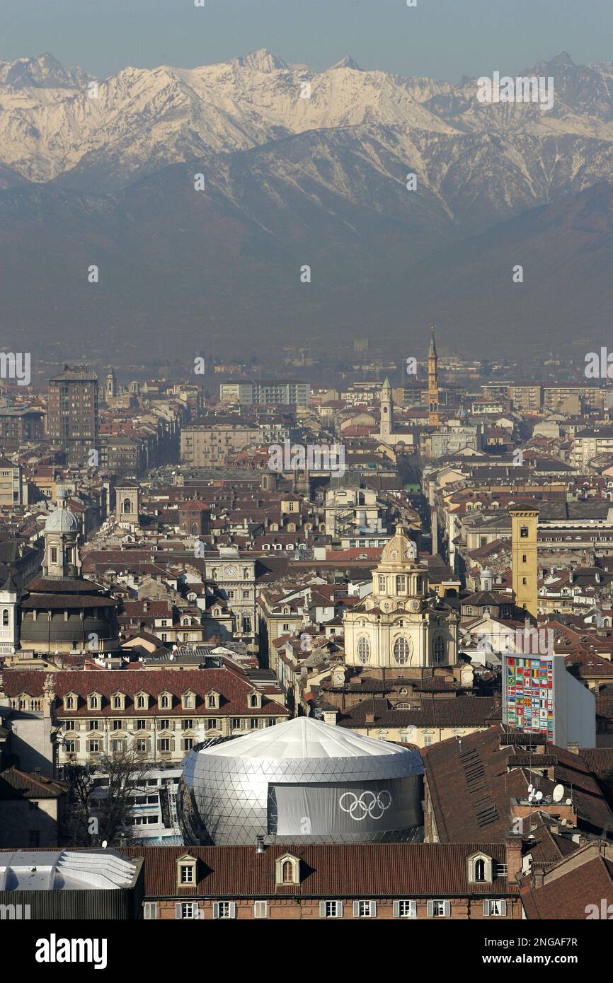 The mountains backdrop the the city of Turin, Italy, as the Turin 2006 ...