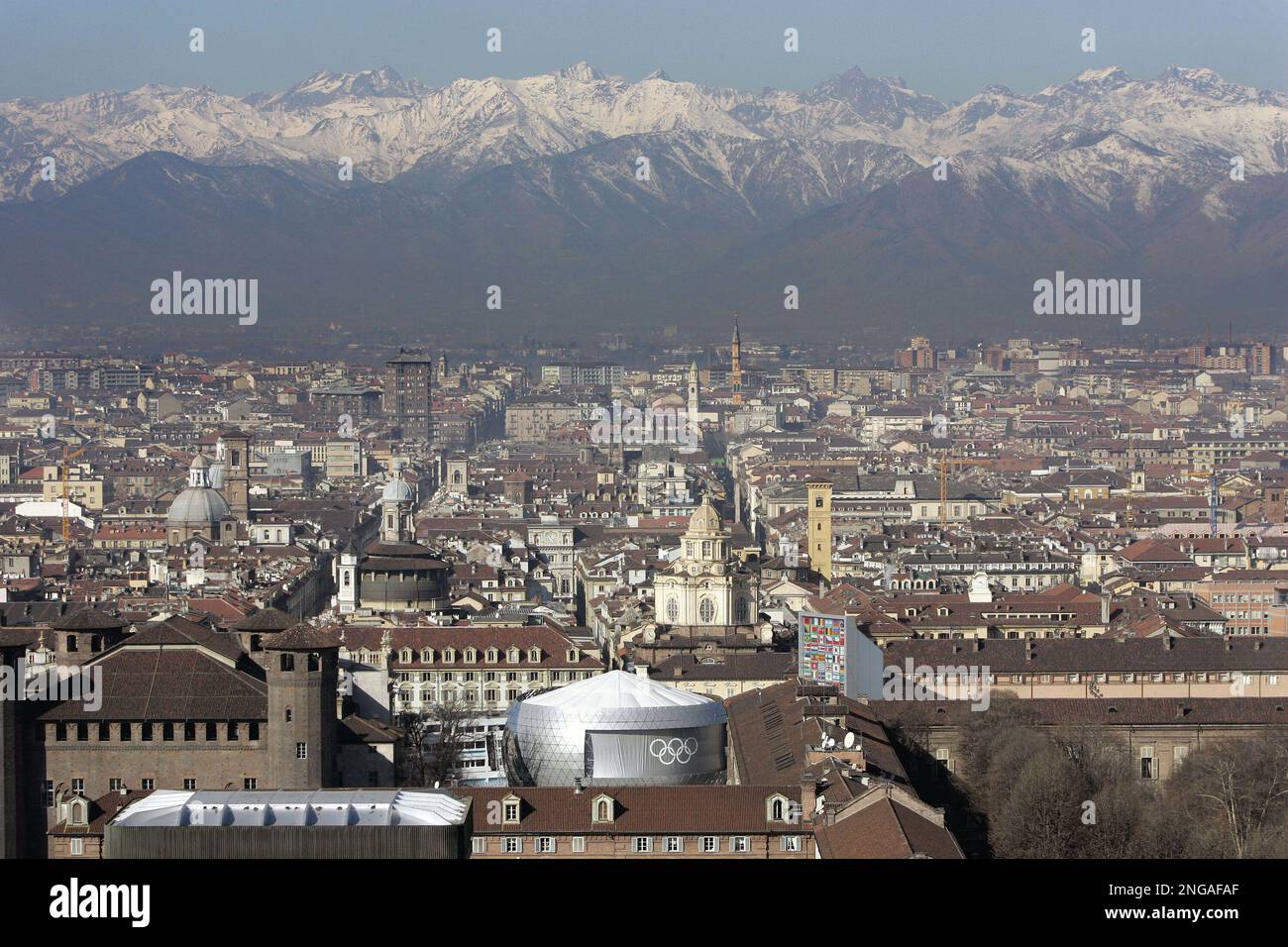 The mountains backdrop the the city of Turin, Italy, as the Turin 2006 ...
