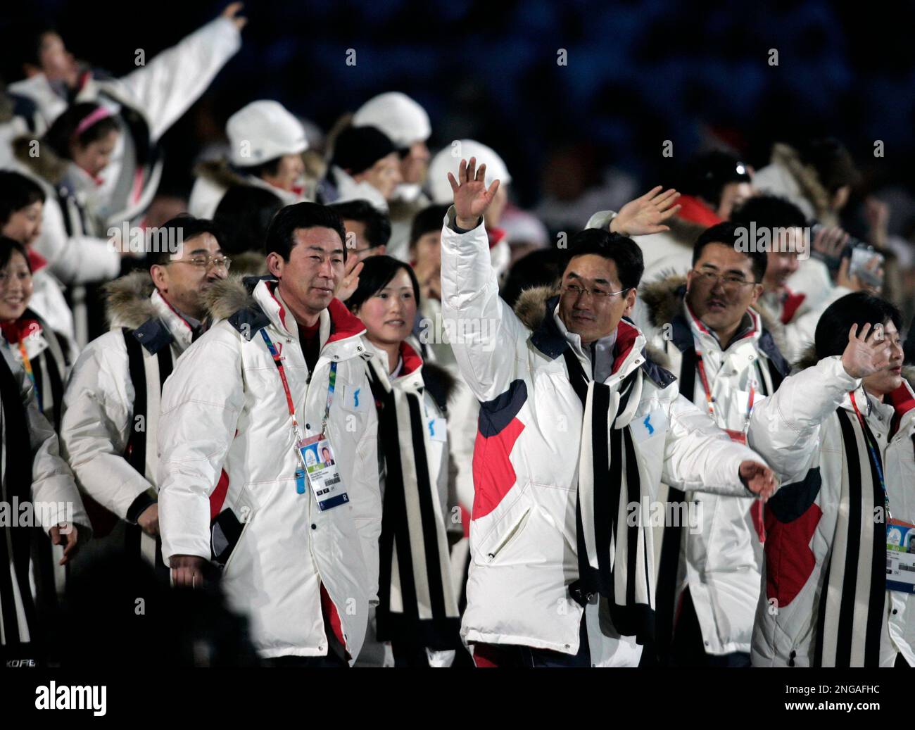 The Korean team enters the stadium during the opening ceremony for the ...