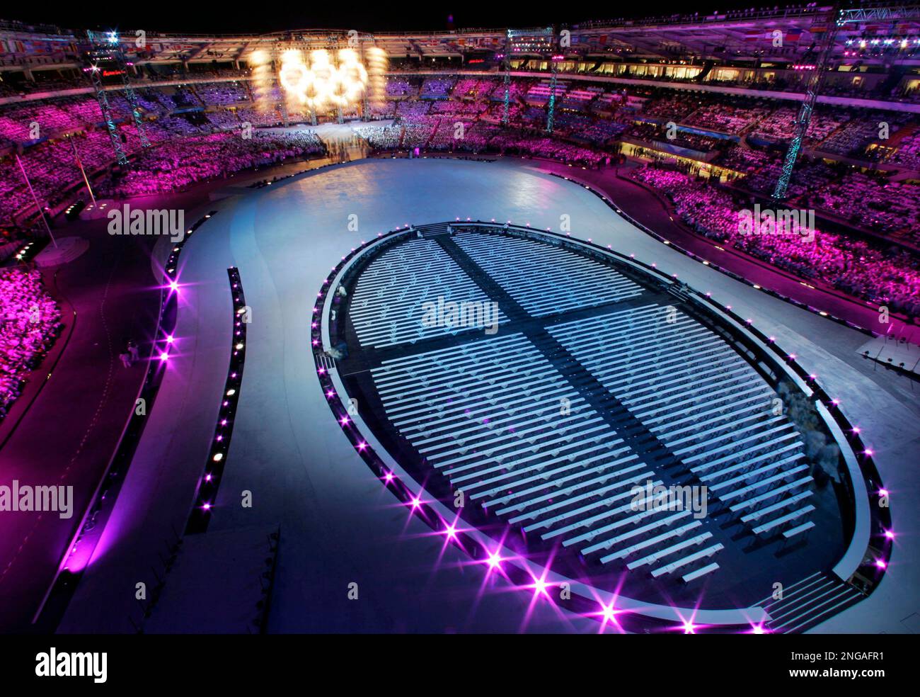 The Olymic Rings lights up the Olympic Stadium during the opening ...