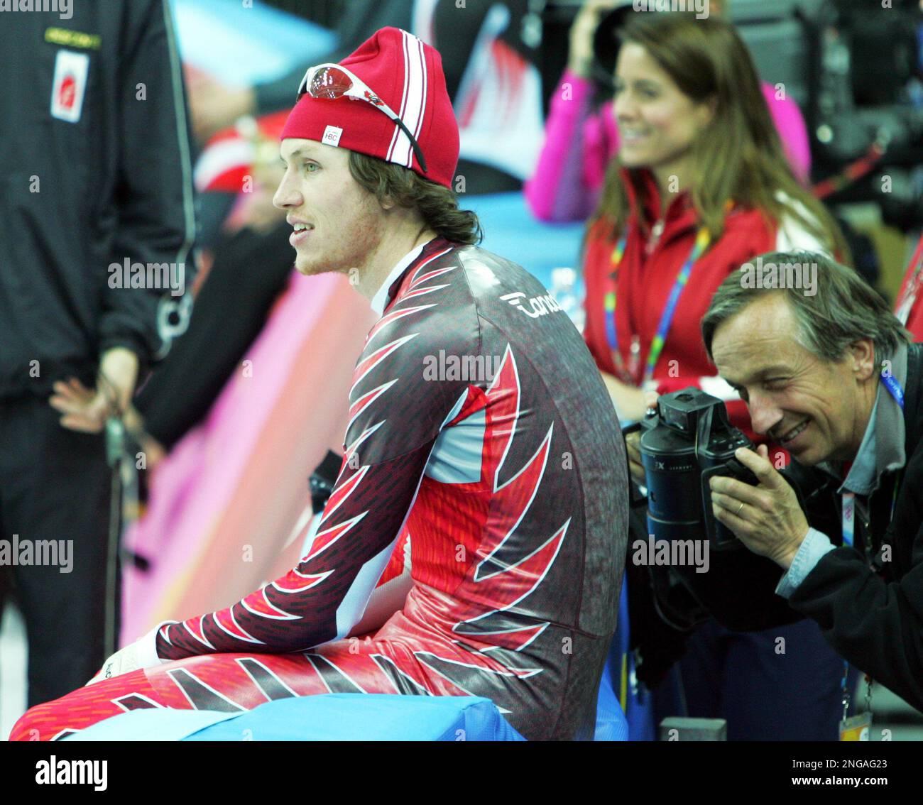 Canadian speedskater Jeremy Wotherspoon takes a break during a workout ...
