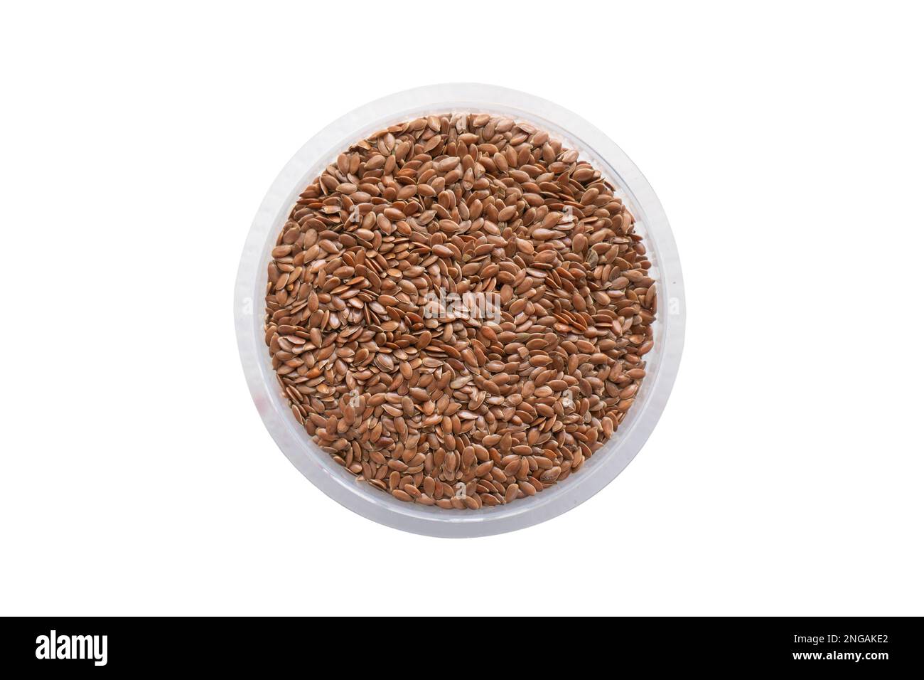 Flax seed in white bowl isolated on white background. Top view. Linseeds. Flax seeds texture ...