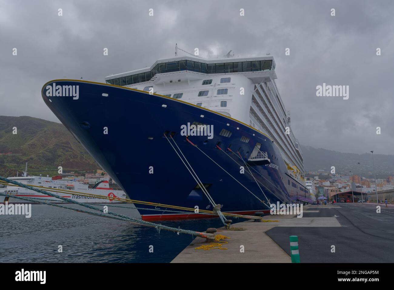 Blue and White Cruise Ship docked at Santa Cruz in the Canary Islands ...