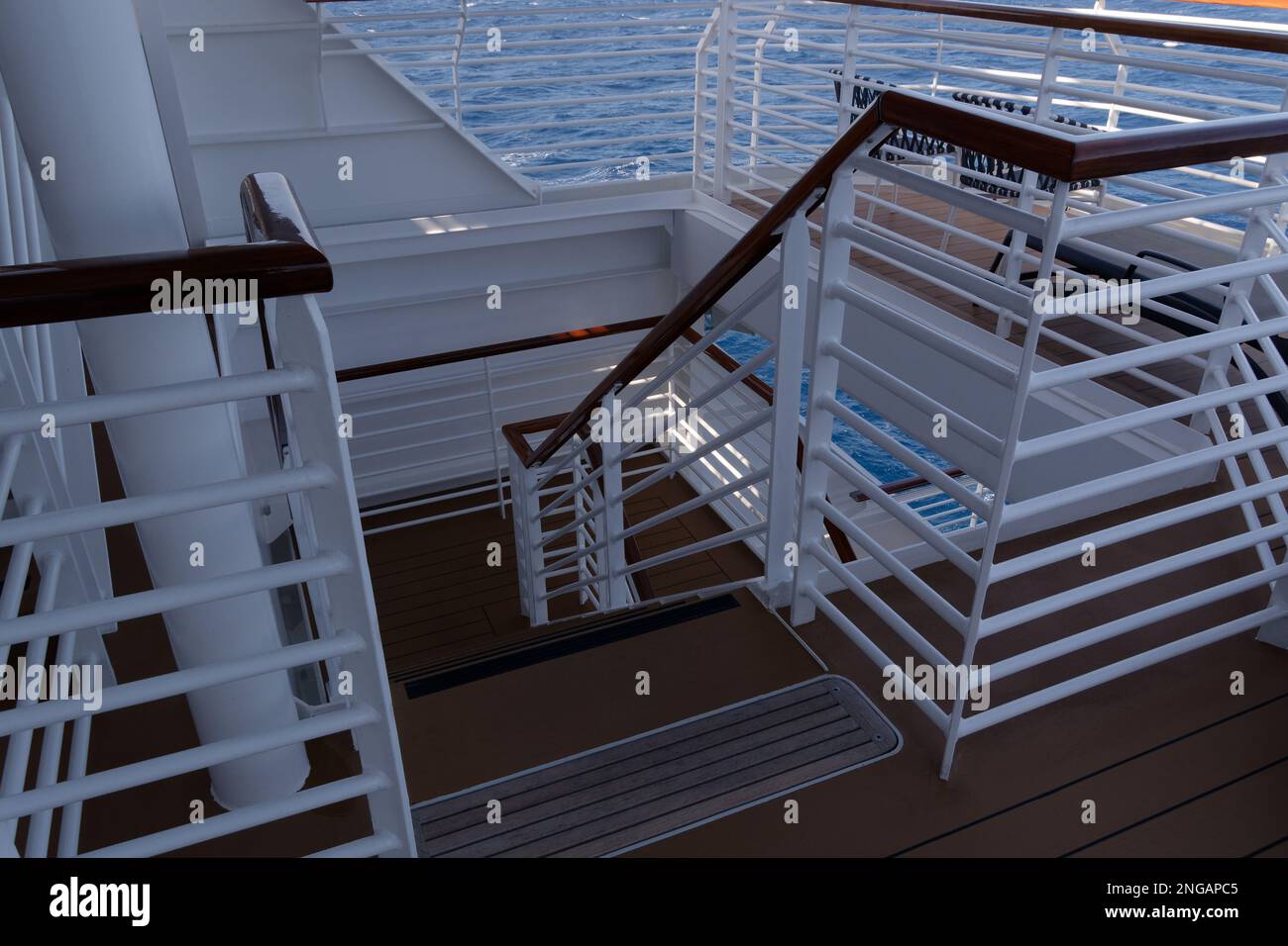 White Cruise Ship Staircase - wooden steps and wooden railings Stock ...