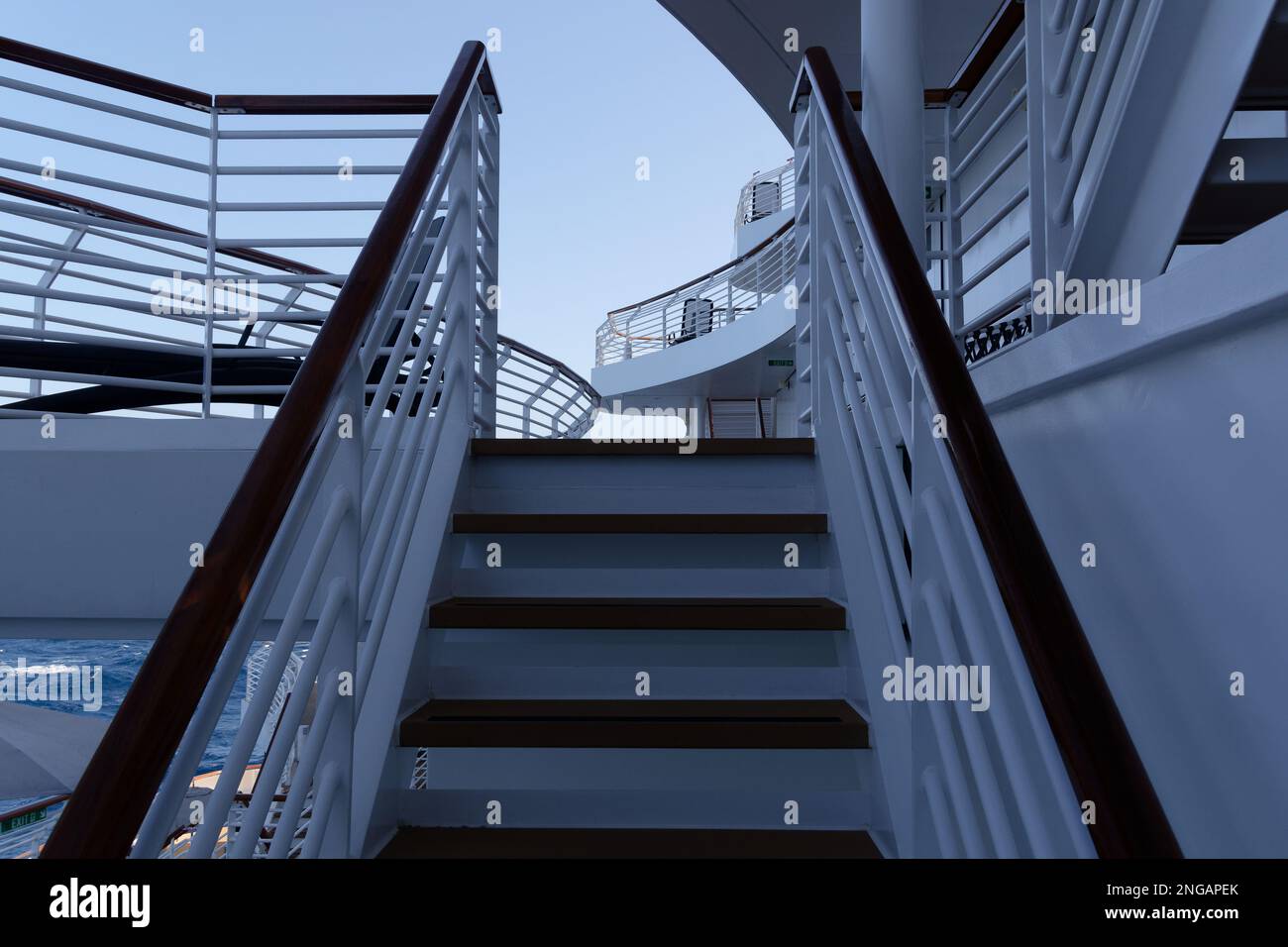 White Cruise Ship Staircase - wooden steps and wooden railings Stock ...