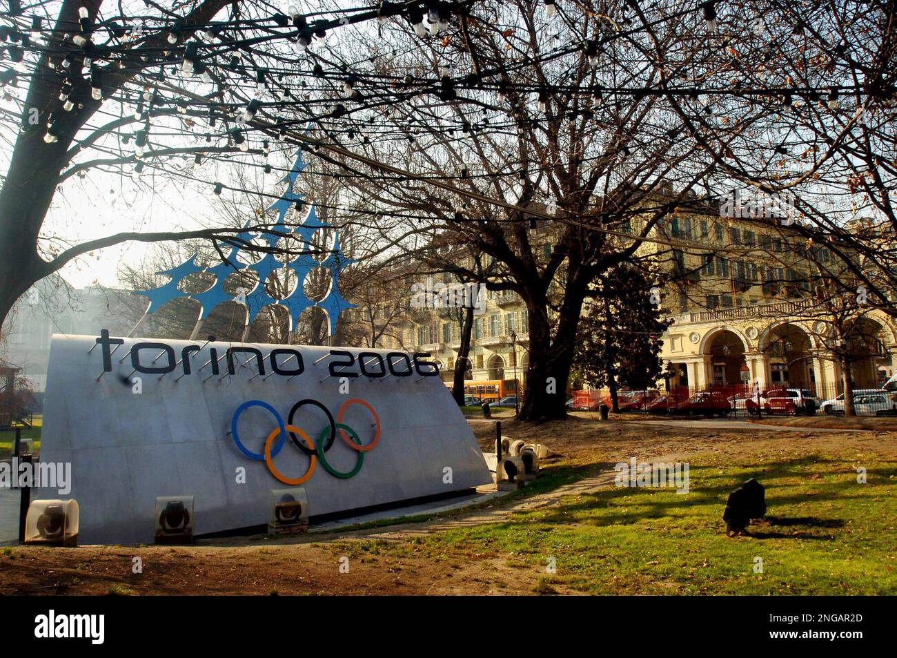 A logo of the Turin 2006 Winter Olympic games is seen in downtown Turin ...