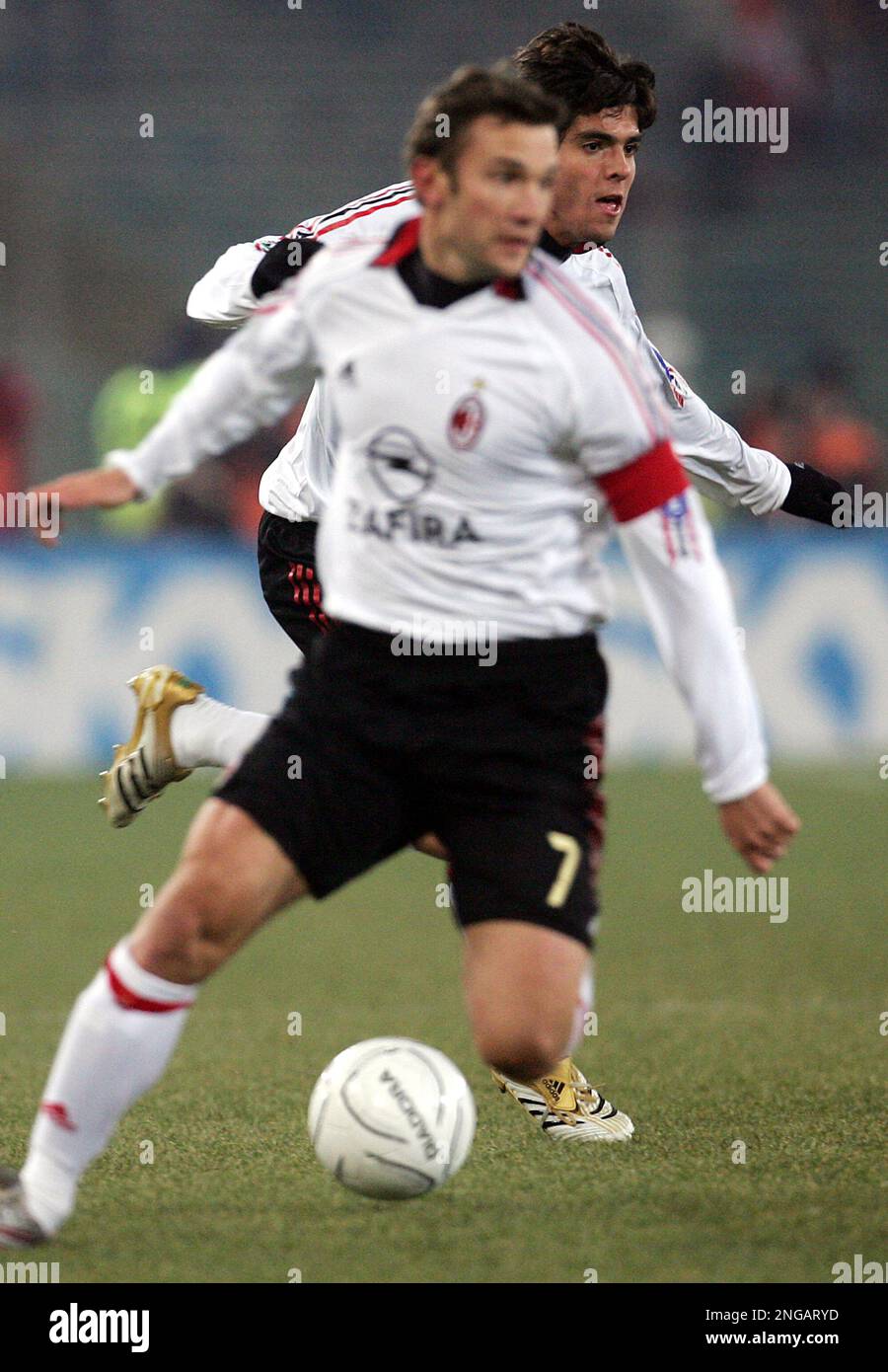 AC Milan's Kaka, background, and teammate Andriy Shevchenko in action ...