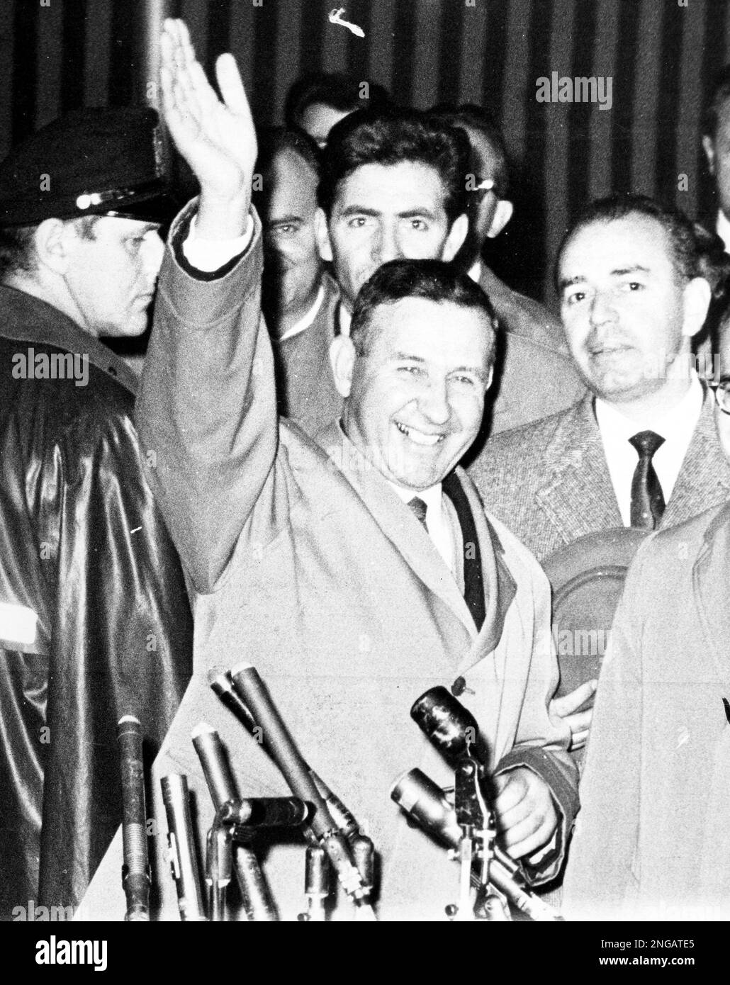 Albanian Prime Minister Mehmet Shehu waves as he and his delegation ...