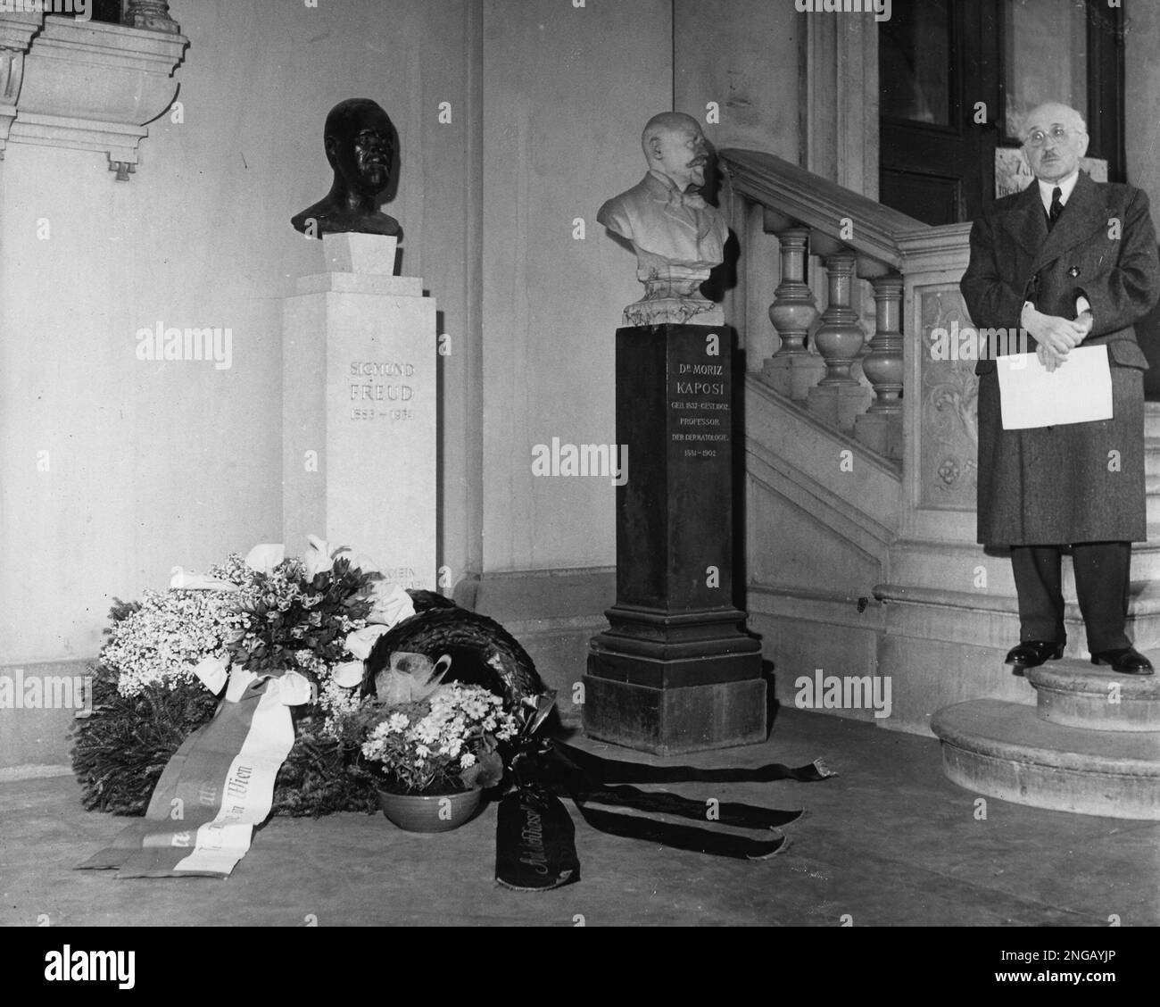 FREUD HONOURED -- Wreathes placed in front of the bust of Sigmund Freud ...
