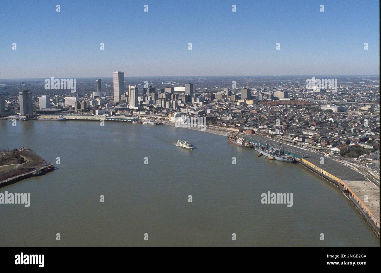 The Mississippi River is seen against the backdrop of the New Orleans ...