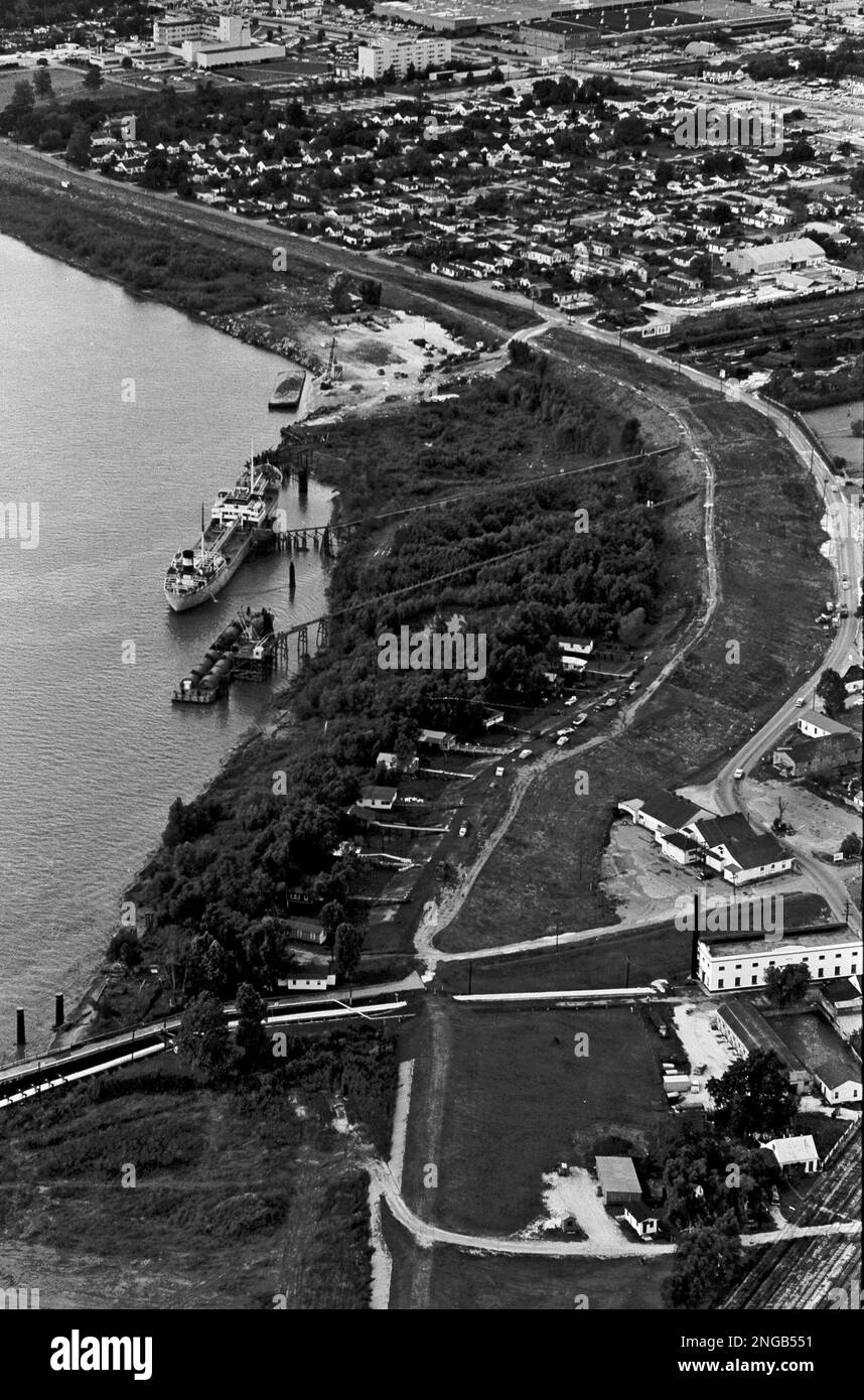Squatters' homes on the bank of the Mississippi are seen in this aerial ...