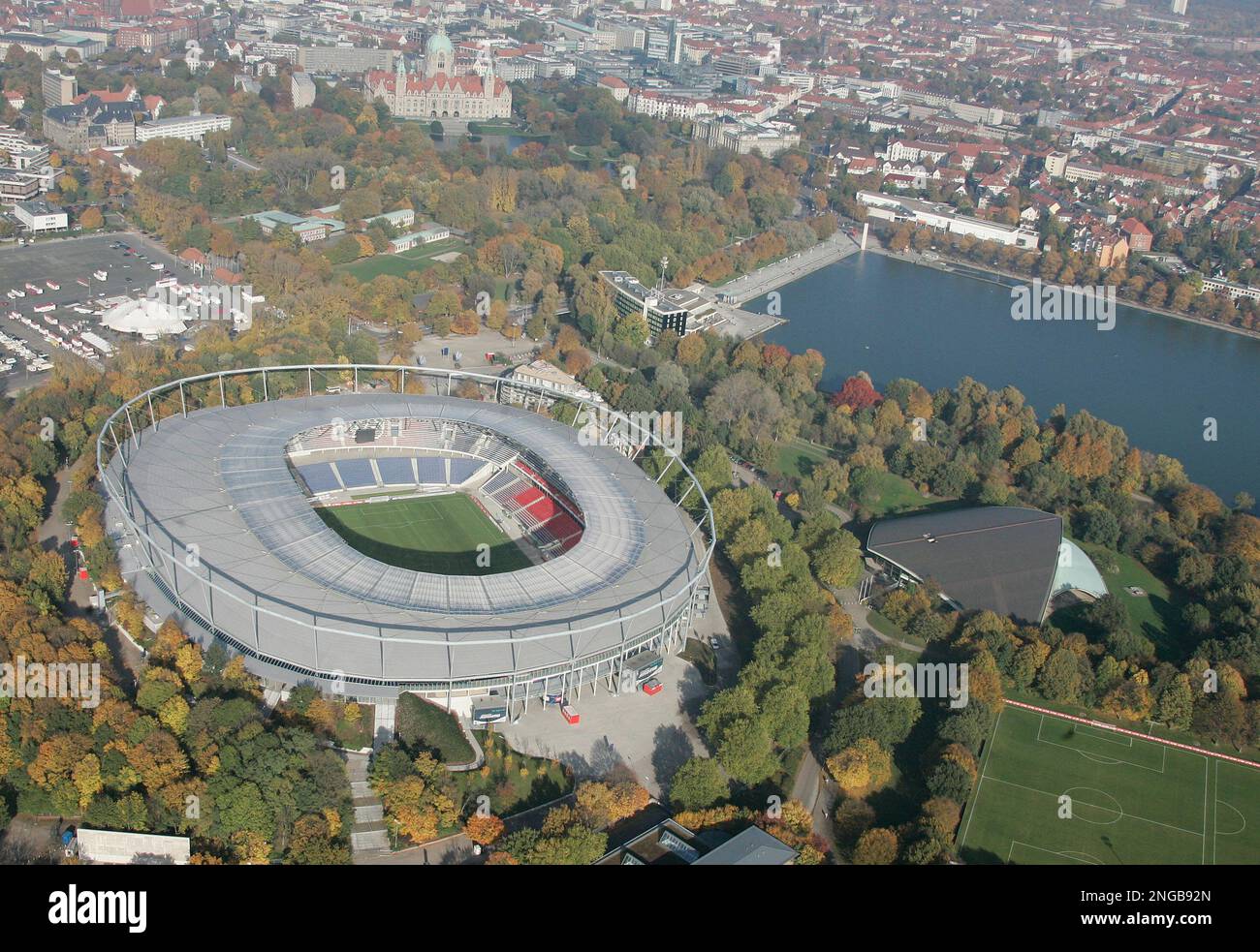 Aerial view of the 'AWD-Arena' stadium in Hanover, northern Germany ...
