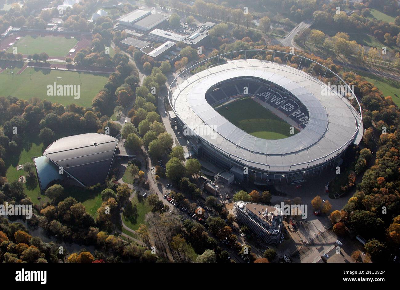 Aerial view of the 'AWD-Arena' stadium in Hanover, northern Germany ...
