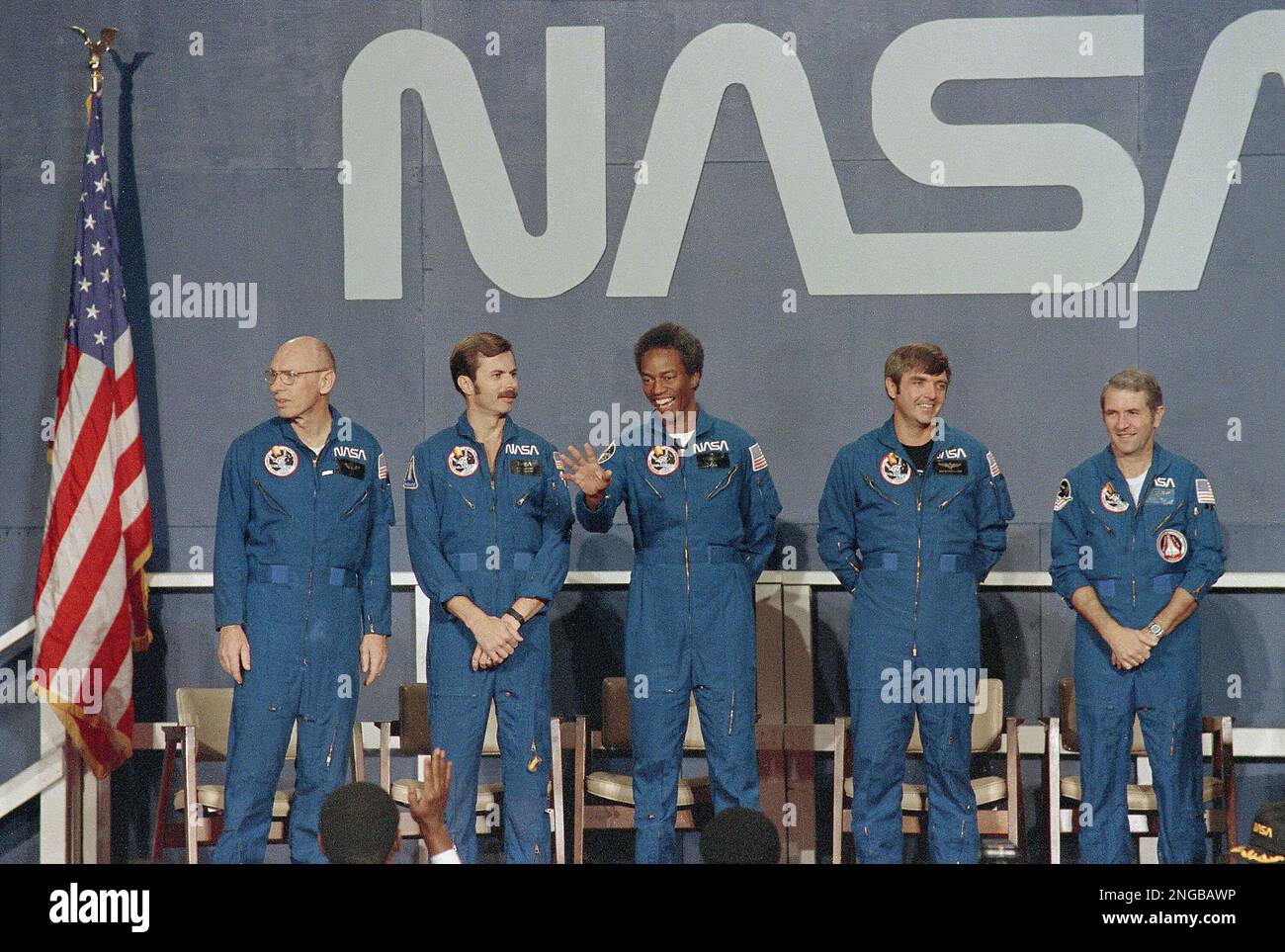 The Space Shuttle Challenger crew is seen at Edwards Air Force Base in ...
