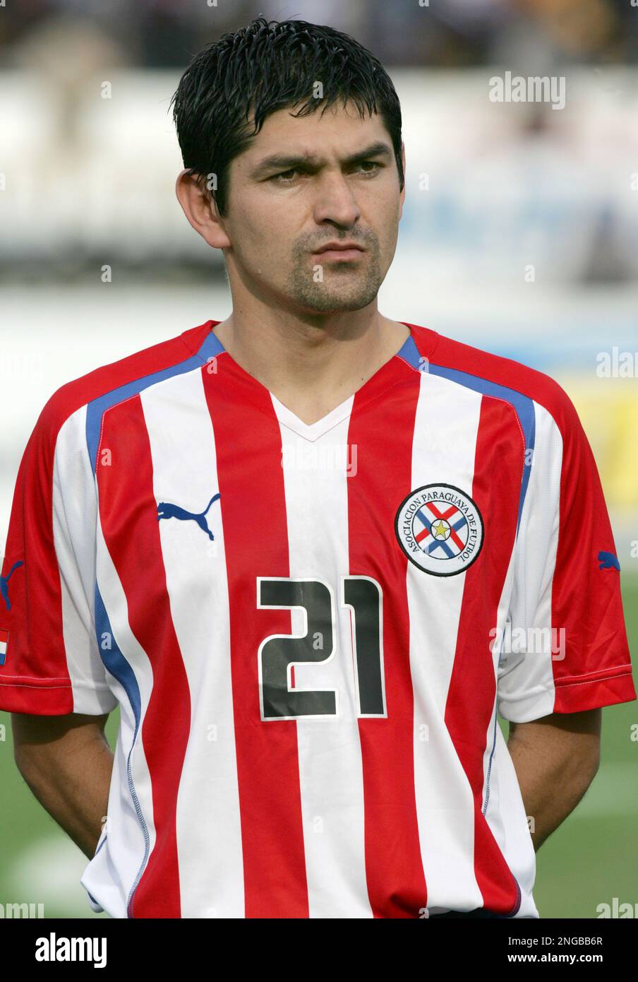 Paraguay's Denis Caniza is shown during the national anthem before a ...