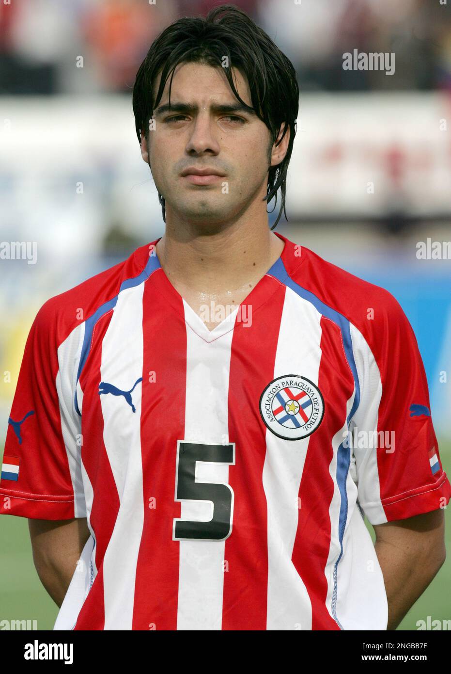 Paraguay's Julio Cesar Caceres is shown during the national anthem ...